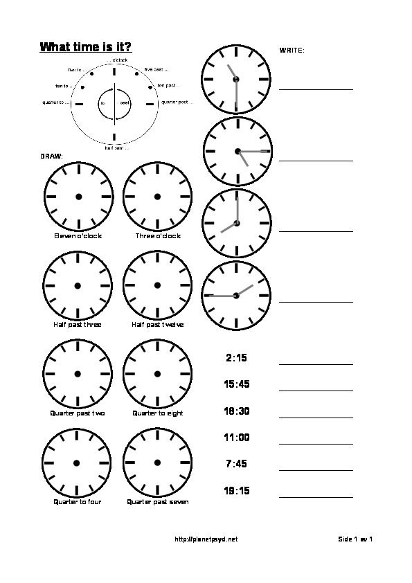 Learn the clock worksheet - o’clock, half and quarter - Planetpsyd